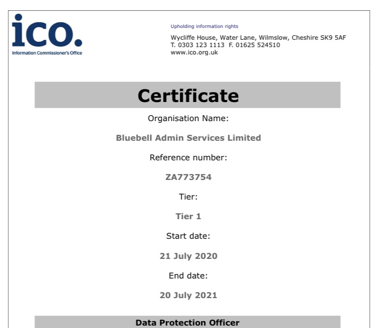 ICO Certificate - Bluebell Admin Services