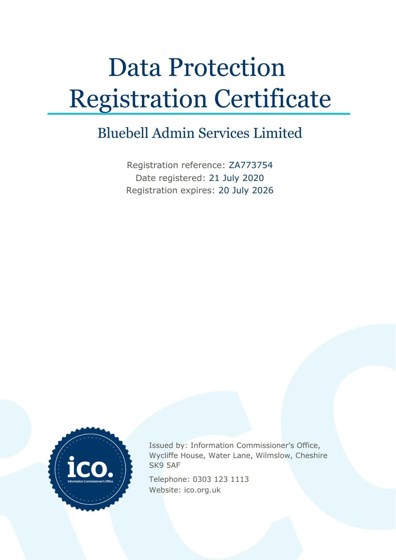 ICO Certificate - Bluebell Bookkeeping Admin Services